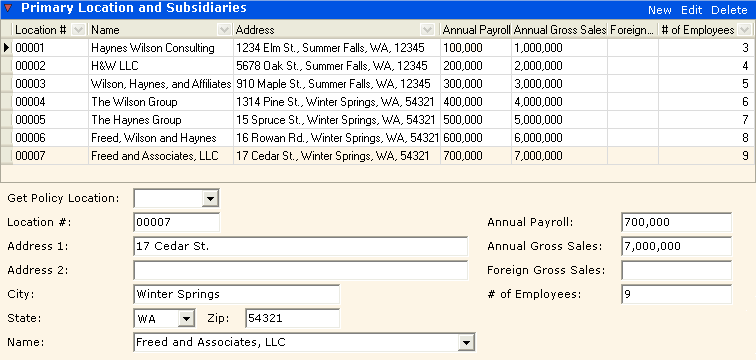 Form Map: Commercial Umbrella-Umbrella Primary Locations and Subsidiaries