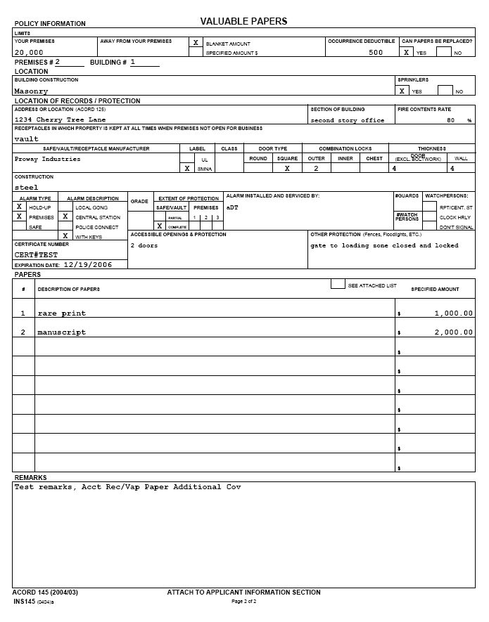 Form Field Map: Accounts Receivable/Valuable Papers (ACORD 145)