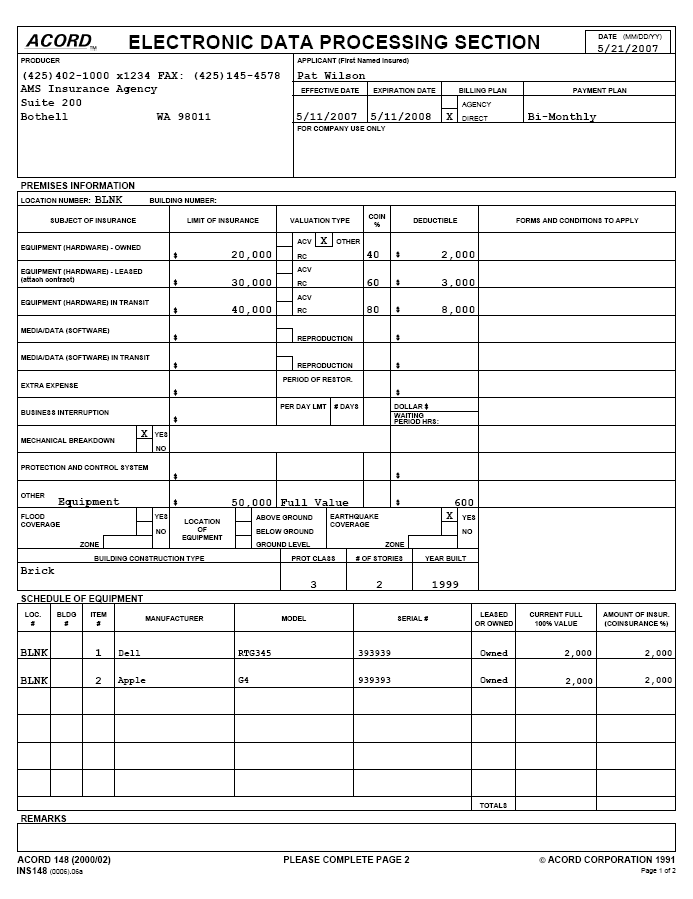 Form Field Map: Electronic Data Processing Section (ACORD 148)
