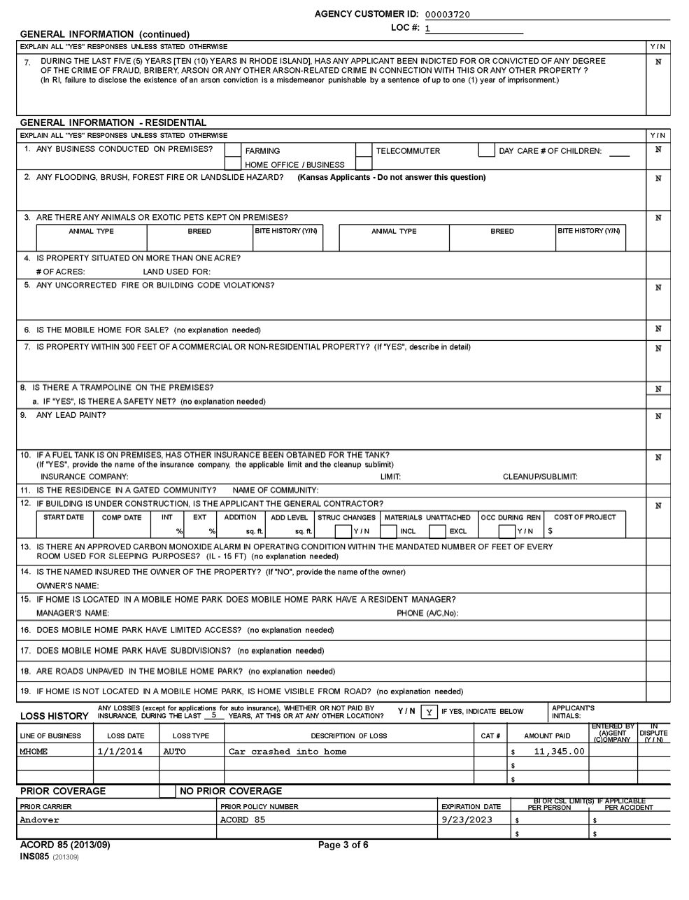 Form Fieldd Map: Mobile Home Application (ACORD 85)